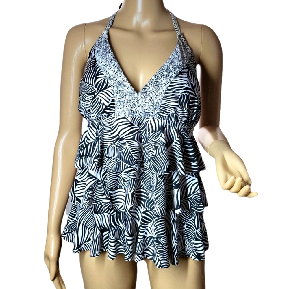 Catalina Black & White Zebra Print Ruffled Tankini To… - Gem